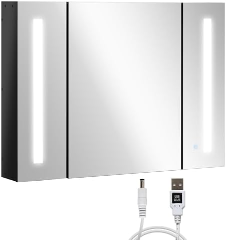 kleankin LED Bathroom Cabinet with Mirror, Wall Mounted Dimmable ...