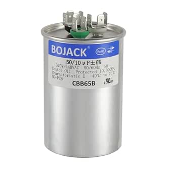 BOJACK 50+10 uF ±6% 50/10 MFD 370/440 VAC CBB65B Dual Run Start Round Capacitor for Condenser ...