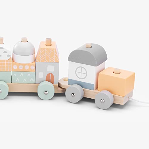 Navaris Wooden Toy Stacking Train – Pull-Along Building Block 20-Piece ...