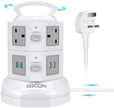 Retractable Tower Extension Lead with 4 USB Slots (5V/3.1A), GLCON 6 ...