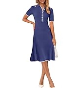 MEROKEETY Women's V Neck Ribbed Knit Midi Dress Short Sleeve Button ...