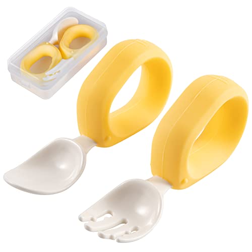 HIWOOD Baby Self Feeding Training Spoon and Fork Set with Travel Case ...