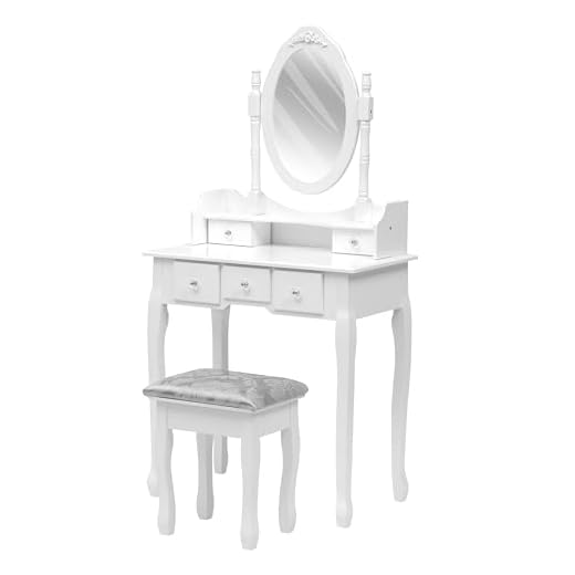 AVC Designs White Dressing Table, Oval Mirror & Stool Set (5 Drawer ...