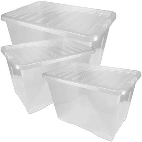 Viss 80 Litre Large Plastic Storage Box with Clear Lid - Pack of 3 ...