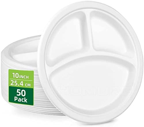 HOMURG 10 Inch Disposable Paper Plate with 3 Compartments in White ...