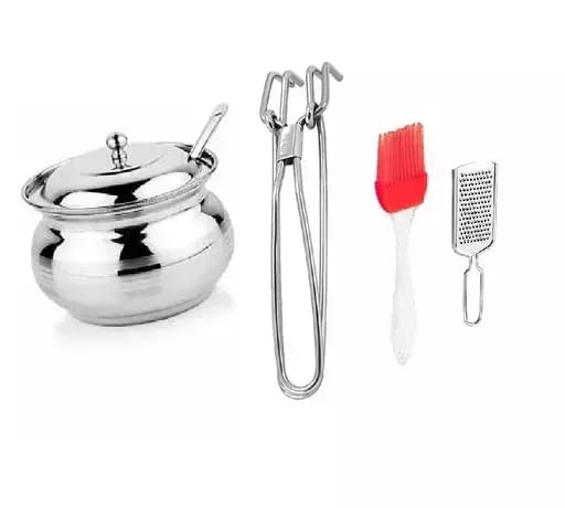 Buy NewQ Stainless Steel Ghee Pot With Stainless Steel Wire Pakkad Tong ...