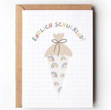 Glückwunschkarte Einschulung Schultüte Regenbogen Mädchen, Boho Grußkarte Schulanfang Schulkind ...