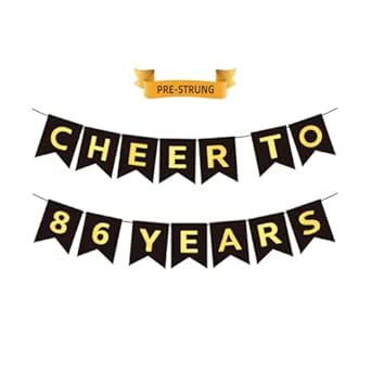 CHEERS TO 86 YEARS Banner, Pre-Strung, Black Gold 86th Birthday and ...