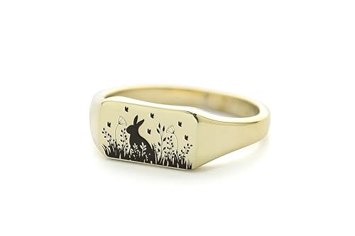 Amazon.com: Cute Bunny Gold Signet Ring - Engraved Rabbit Ring - Gift ...