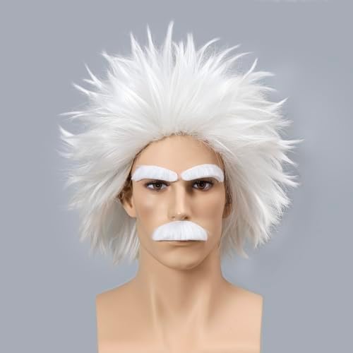 Amazon.com: LAXSHZ Mens Short White Crazy Wig Mad Scientist Wig with ...