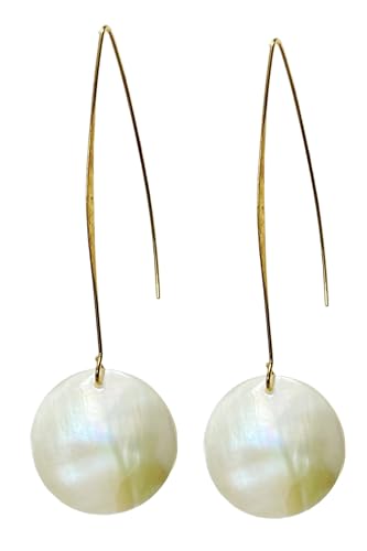 Amazon.com: Natural Sea Shell Modern Pull through Earrings Gold, Round Disc Mother of Pearl Long ...