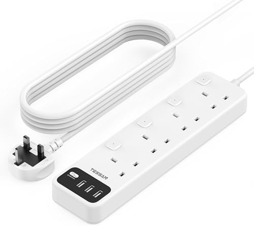 Multi Plug Extension Lead 5M, TESSAN 4 Way Plug Extender with Switches ...