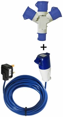 5 Metre 13A PLUG TO 16A BLUE SOCKET EXTENSION LEAD + 3 WAY Splitter ...