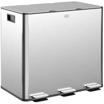 HOMCOM Triple Kitchen Bin, 3 x 15L Pedal Bin, Stainless Steel Three ...