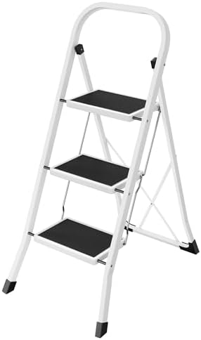 SONGMICS Step Ladder, 3-Step Ladder, Folding Ladder, Safety Lock, Space ...
