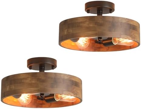 2 Pack 3-Light Rustic Farmhouse Wood Flush Mount Ceiling Light Fixture ...