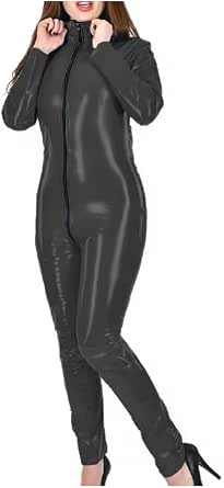 Amazon.com: Female Open, Front Zipper Catsuit PVC Leather, Bodycon Long ...