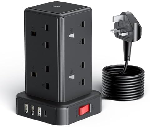Kemelo Tower Extension Lead with 8 Way Multi Plug & 4 USB Ports (13A ...