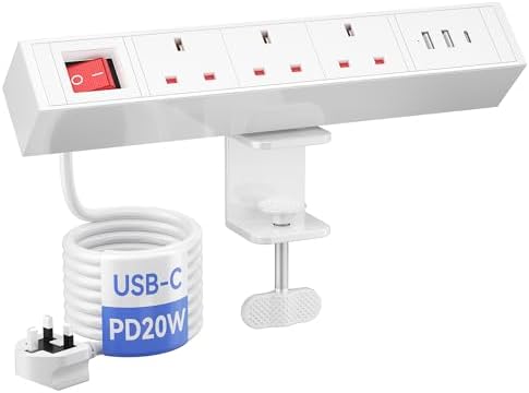 Desk Power Strip Extension Lead with USB C PD20W, 3 Way Desk Clamp ...