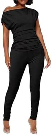 Amazon.com: Women's 2 Piece Fall Outfits One Off Shoulder Tops Ribbed ...