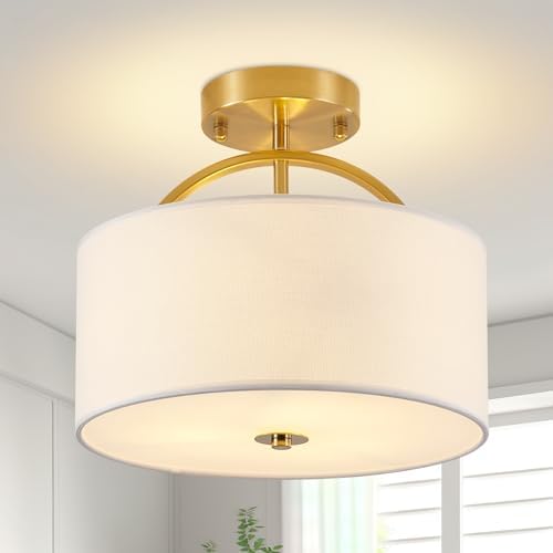CALOKES 16" Double Drum Gold 3-Light Semi Flush Mount Ceiling Light ...