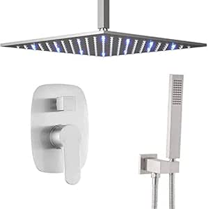 AYIVG Brushed Nickel 12 Inch LED Square Rainfall Shower System Bathroom Brass Ceiling Mounted ...