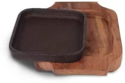 Anaya Afroz Wooden Cast Iron Sizzler Plate with a Wooden Base I Square ...