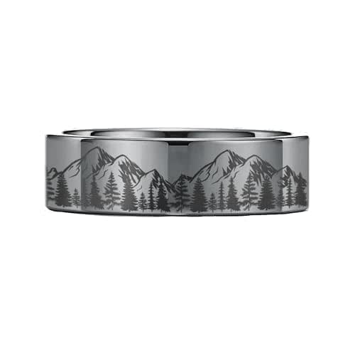 Amazon.com: Mountain Scene Tungsten Carbide Ring Forest Landscape Ring ...