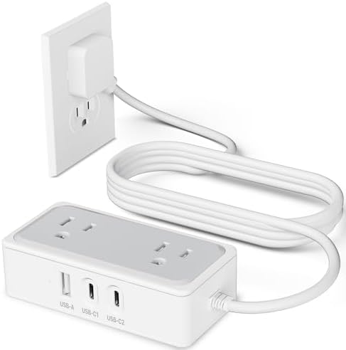 Flat Plug Power Strip, 4ft Round Extension Cord - 2 Outlets 3 USB Ports ...