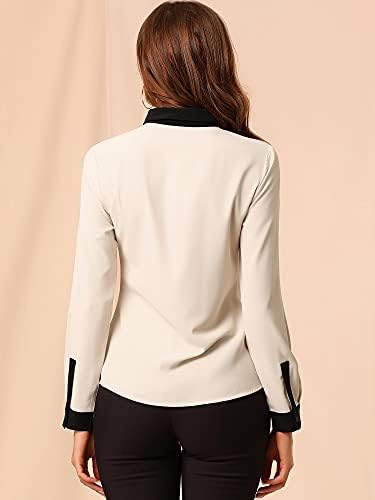 Allegra K Women's Contrast Collar Shirt Chiffon Long Sleeve Work Office ...