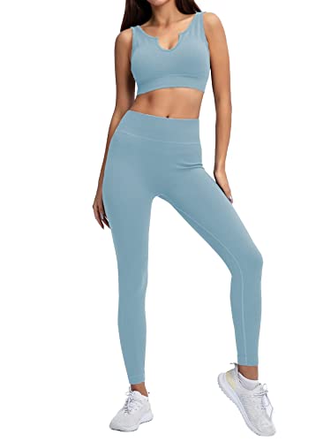 Sunzel 2 Piece Matching Workout Sets Women Seamless Ribbed Yoga Outfits ...