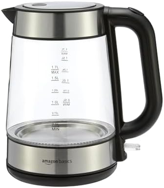 Amazon Basics Electric Glass Kettle, 1.7 L, 2200 W, Black, Silver ...