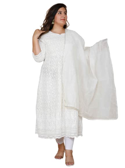 Angiya Women Plus Size Cream-Coloured Chikankari Thread Work Anarkali ...