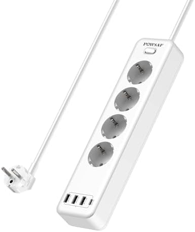 POWSAF 4-Fach Steckdosenleiste mit 4 USB-Anschlüssen, Max. 4000W und ...