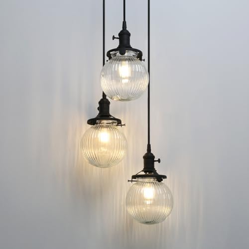 JIMUBEAM Industrial Cluster 3 Way Ceiling Pendant Light Fittings Ribbed ...