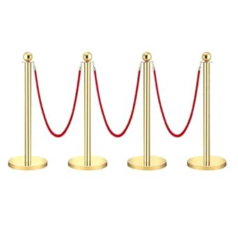 4PCS Gold Stainless Steel Stanchion Post Queue 5 Ft Red Velvet Rope Red ...