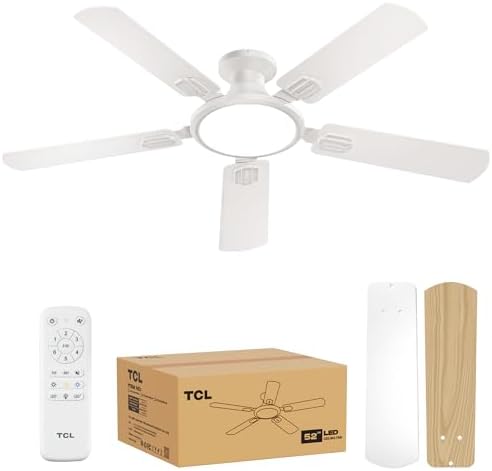 TCL 52" Low Profile Ceiling Fan with Light, Slim, White, Flush Mount ...