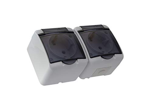 2-Way Surface-Mounted Schuko Wet Room Socket IP54 with Cover Smoke ...