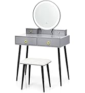 COSTWAY Dressing Table and Stool Set with Flip Top Mirror, Wooden ...