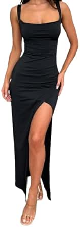 Amazon.com: Women's Elegant Bodycon Dress, Square Neck, Side Slit ...