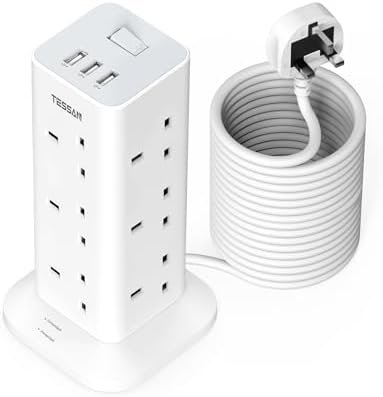 Tower Extension Lead 10M with 3 USB Slots, TESSAN 12 Way Multi Plug ...