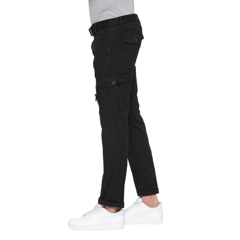 Buy BEEVEE Mens Black Fixed Waist Cargo Pant with D-Ring Belt.(Black_28 ...