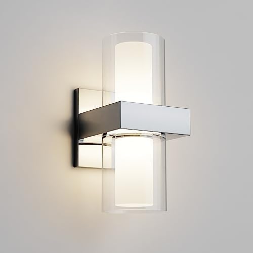 Dual Glass LED Bathroom Wall Sconces, Modern Chrome Up Down Wall Light ...