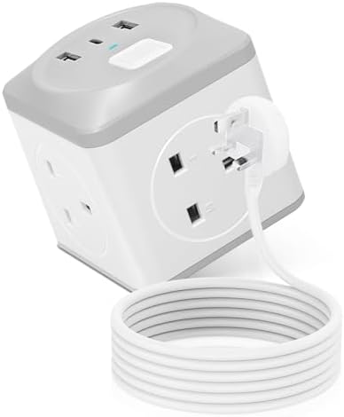 Cube Extension Lead with USB Slots, 4 Way Multi Plug with 2 USB A and 1 ...