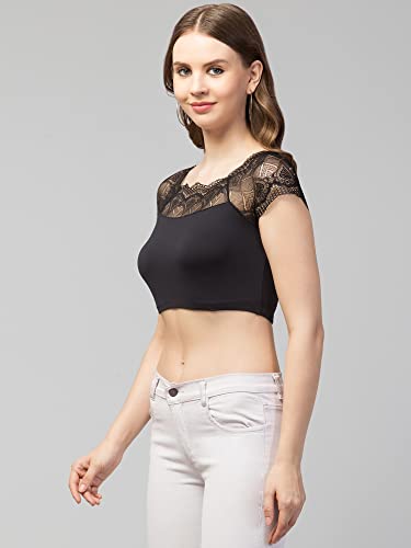 Buy TREND LEVEL Black Solid Crop Top for Women | Black Net Crop Top (S ...