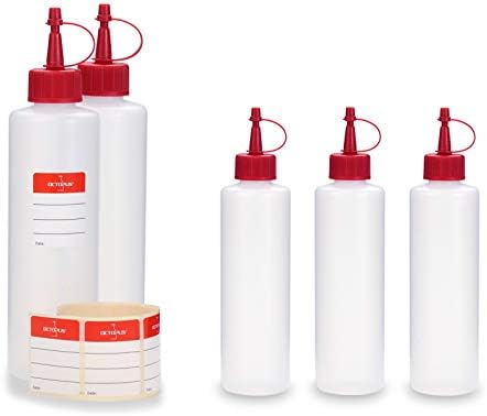 5 x 250 ml OCTOPUS HDPE Plastic Bottles with Red Spray Caps / Drip Caps ...