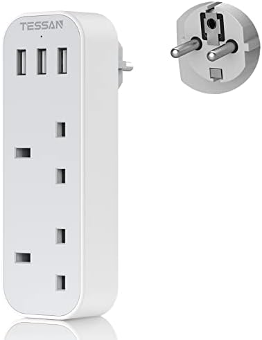UK to European Plug Adapter with 3 USB, TESSAN Grounded EU Euro Europe ...