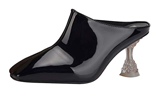 WSKEISP Women's Patent Leather PU Heeled Mules Closed Square Toe Slip ...