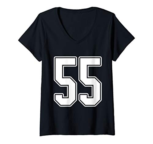Womens #55 White Outline Number 55 Sports Fan Jersey Style V-Neck T ...