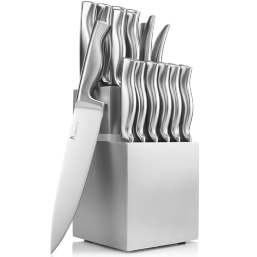 15 PCS Kitchen Knife Set with Wooden Block, Ultra Sharp High Carbon ...